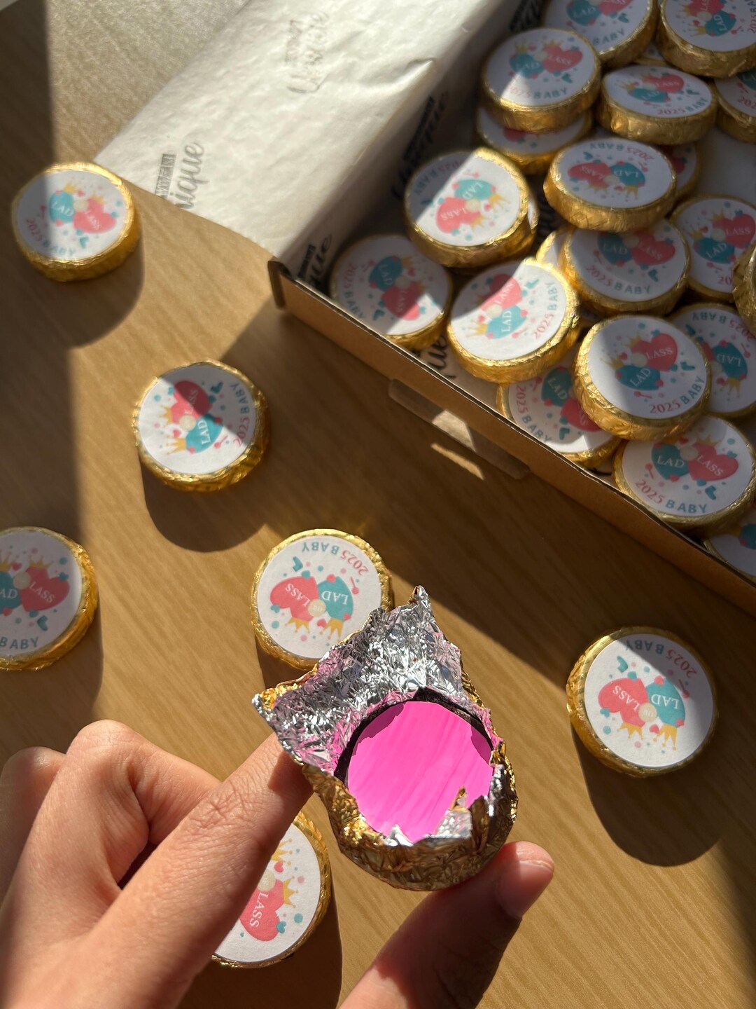 Personalised Gender Reveal Chocolate Favours Mini Crisps Disks Coins ...