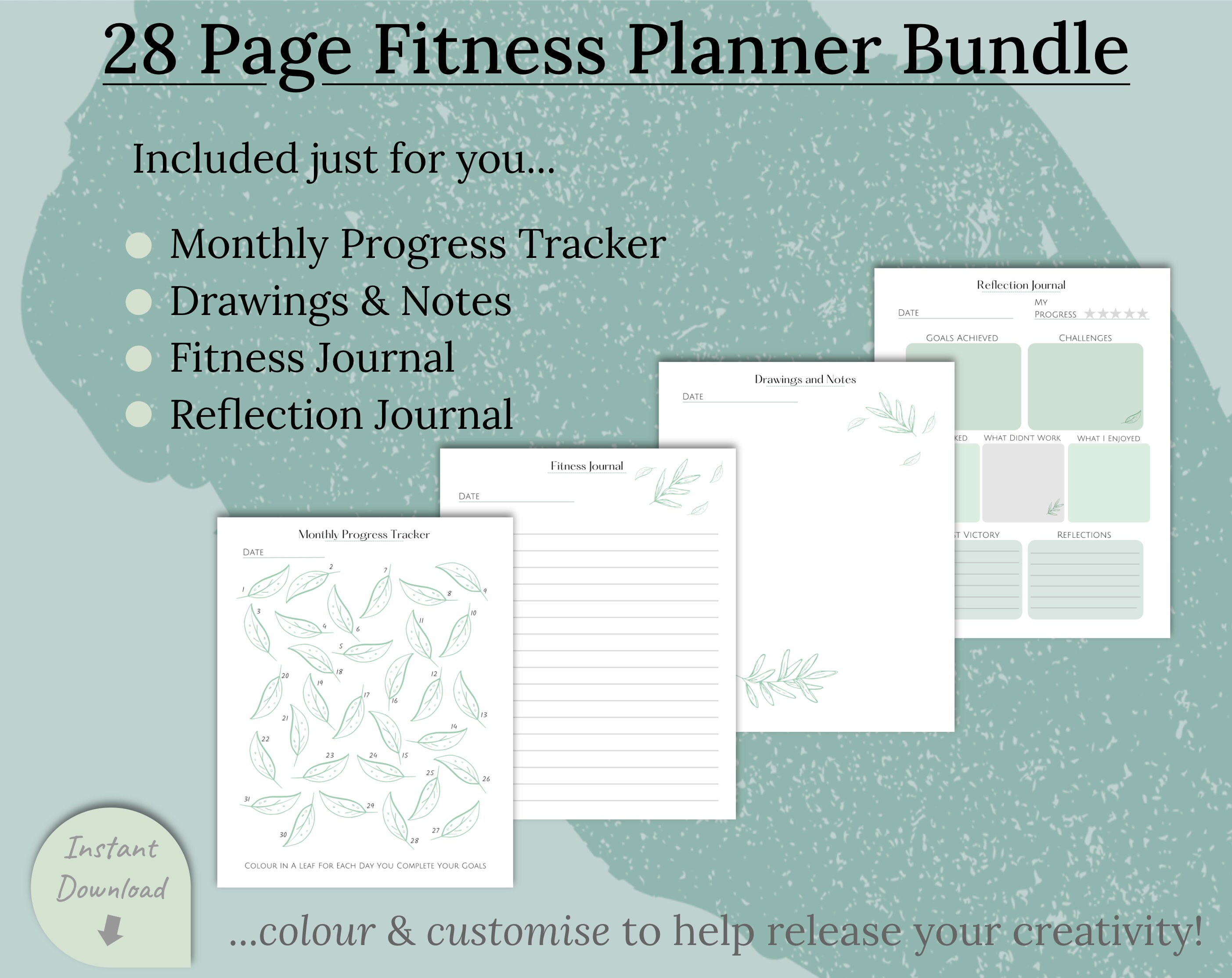 Fitness Planner Printable, Weight Loss Journal, Green Fitness Journal ...
