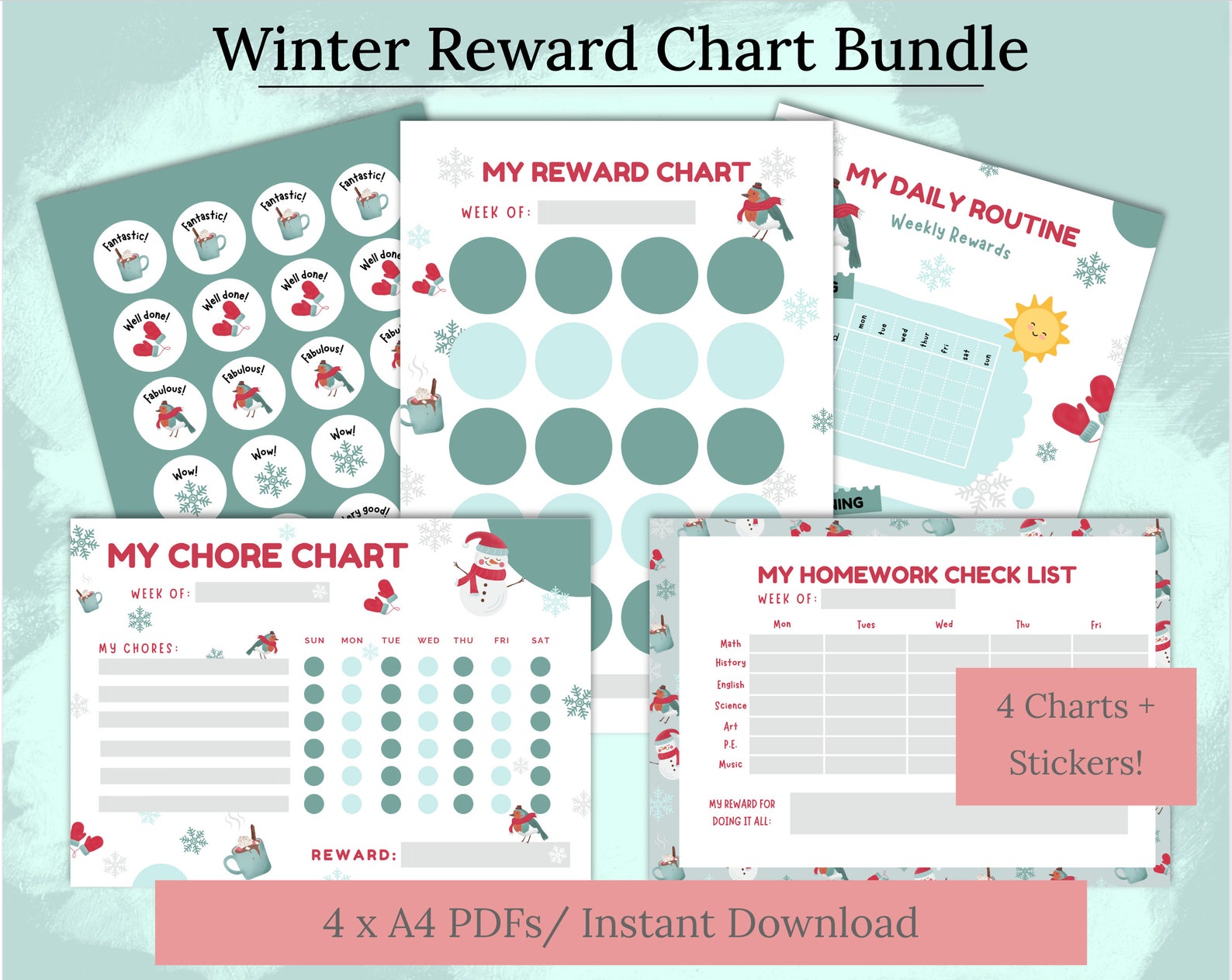Winter Chore Chart for Kids, Christmas Sticker Reward Chart, Girl ...