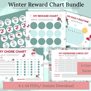 Winter Chore Chart for Kids, Christmas Sticker Reward Chart, Girl ...