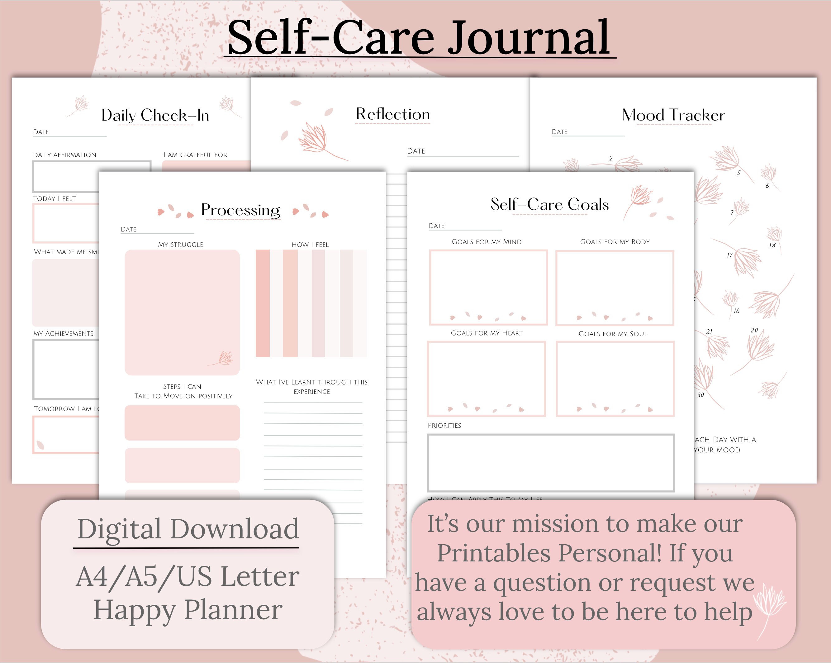 Self-care Planner Printable, Self-care Journal Pink, Wellness Journal ...
