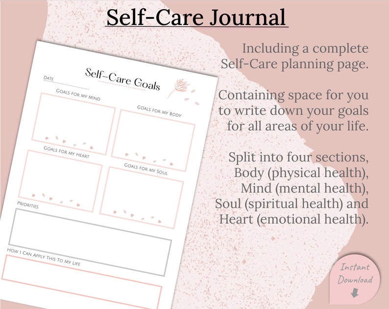Self-care Planner Printable, Self-care Journal Pink, Wellness Journal ...