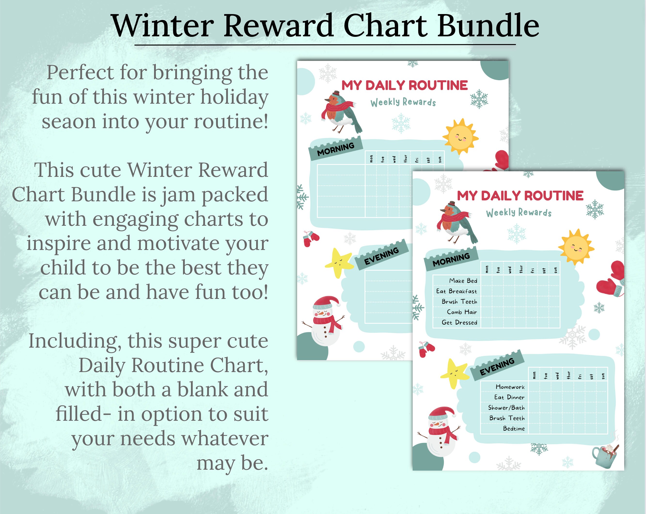 Winter Chore Chart for Kids, Christmas Sticker Reward Chart, Girl ...