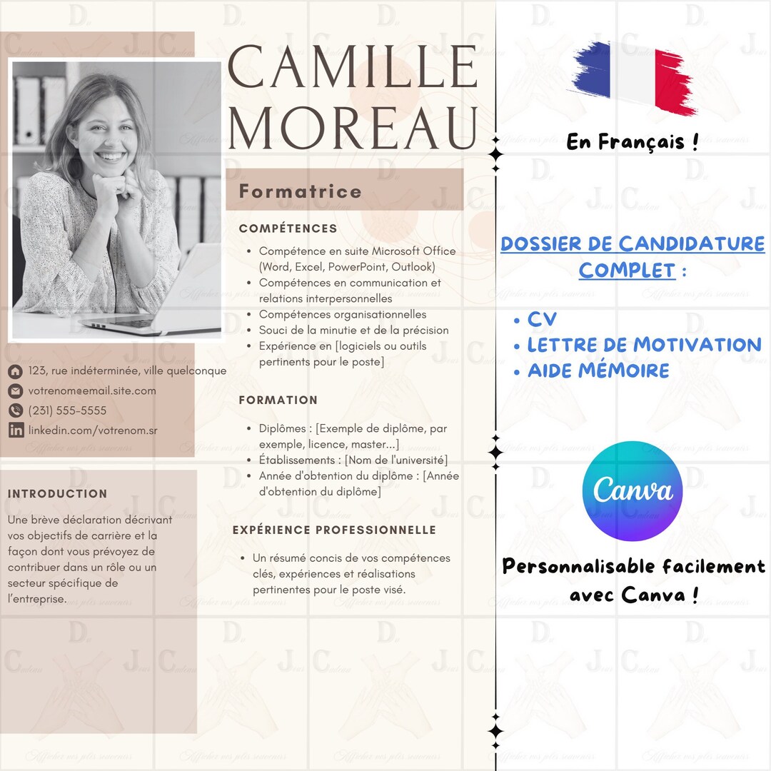 Cv, French Cv, Printable Cv Template, Original Cv, Photo Cv, Customizable Cv, Canva, Cover ...