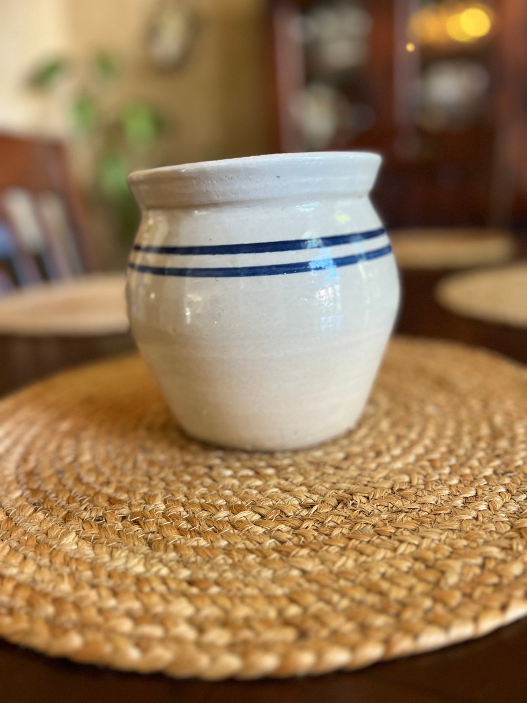 Vintage Blue Band Stoneware Crock, Primitive Country Farmhouse Kitchen ...