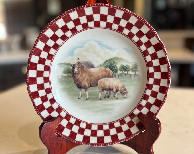 Noble Excellence BARNYARD Sheep Pigs Dark Red CHECK 9" Salad Dessert ...
