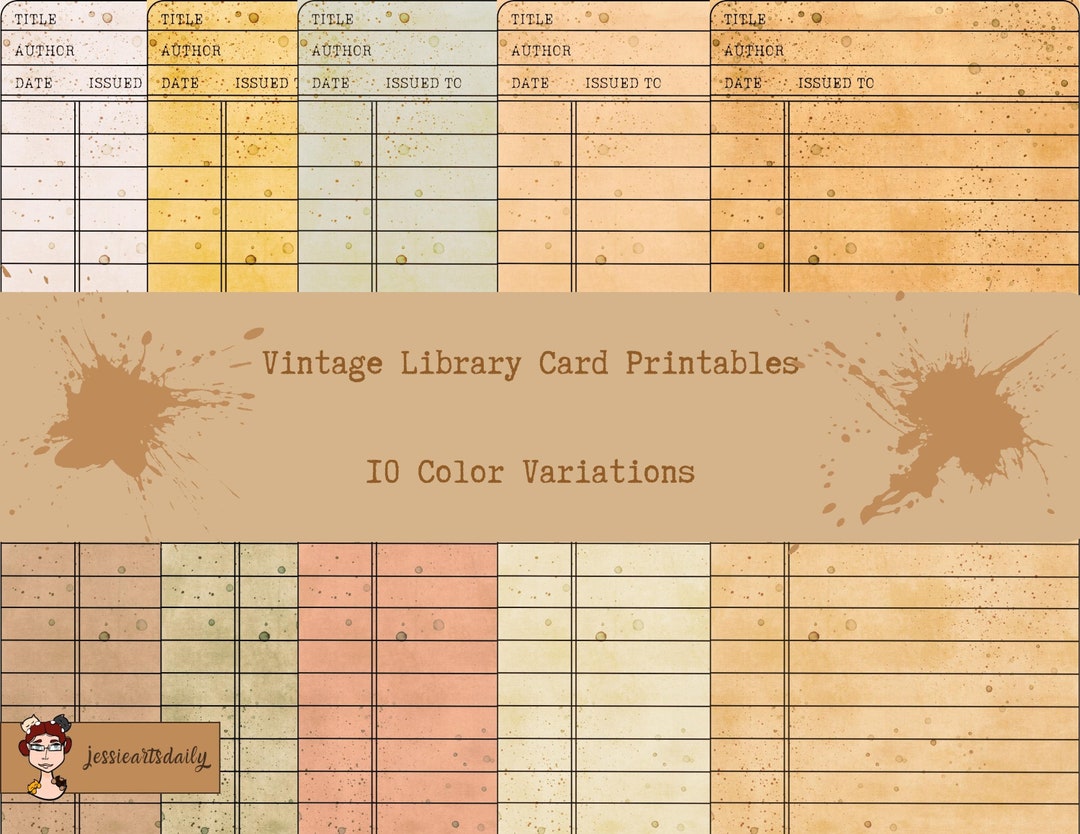 10 Printable Vintage Style Library Cards | 10 Color Variations | 10 ...