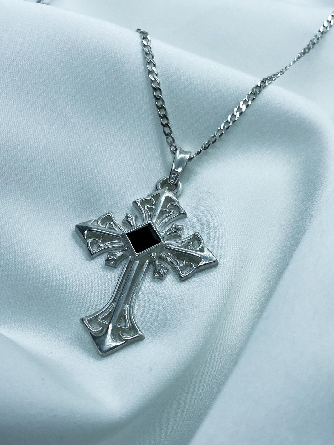 Jesus Cross, Sterling Silver Pendant With Black Stone, Holy Cross ...