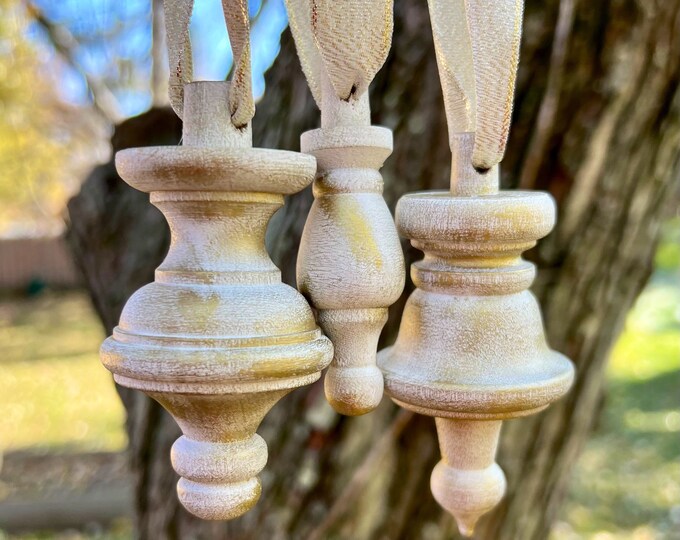 Set of 6 White and Gold Wooden Finial Ornaments, Gold Christmas Tree ...