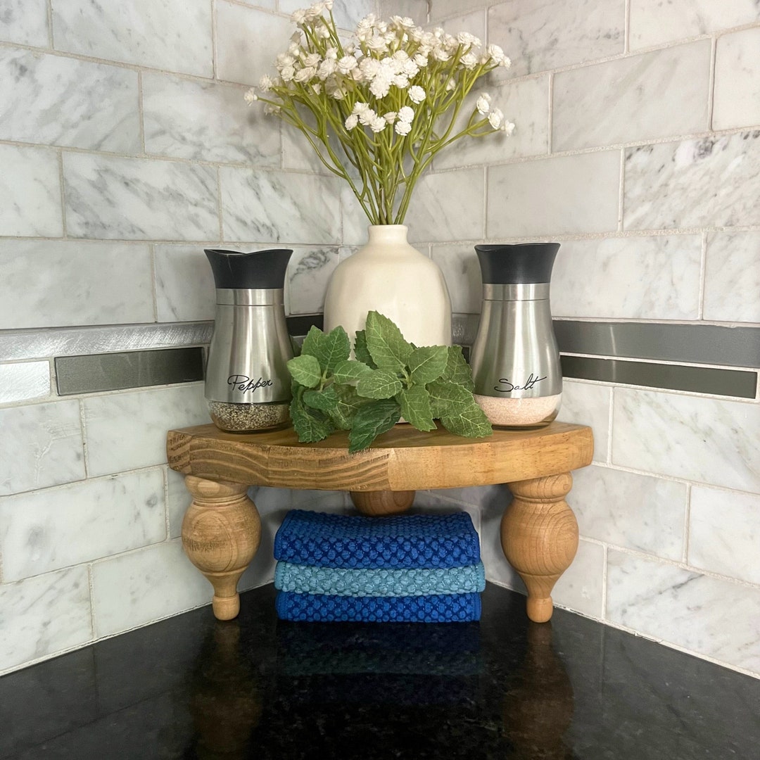 Wooden Table Riser With Legs, Dark Waxed Corner Countertop Shelf ...