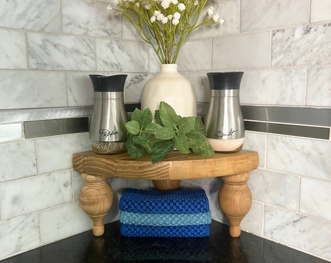 Wooden Table Riser With Legs, Dark Waxed Corner Countertop Shelf ...
