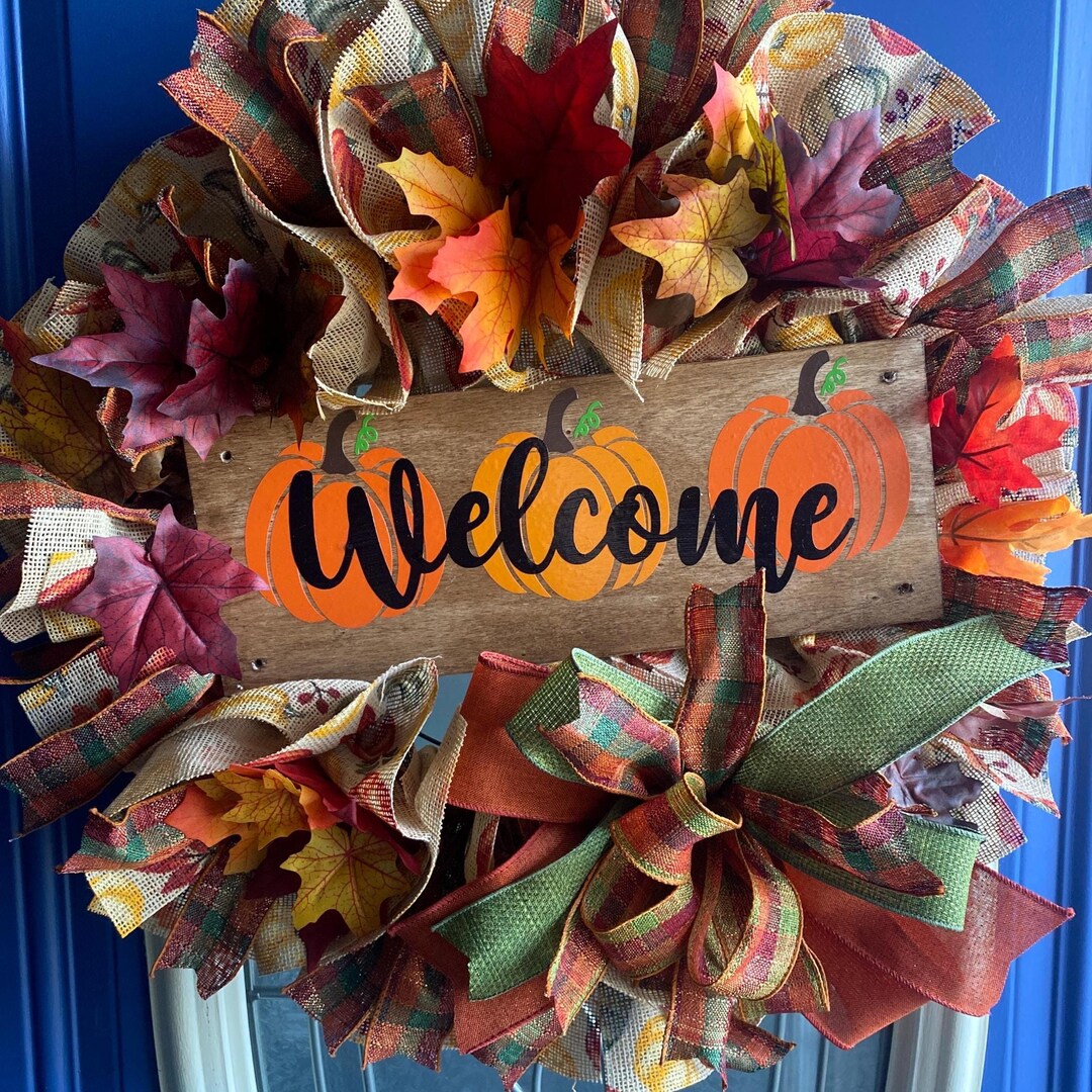 Fall Welcome Wreath: Burlap Deco Mesh, Rustic Pumpkin Sign - Etsy