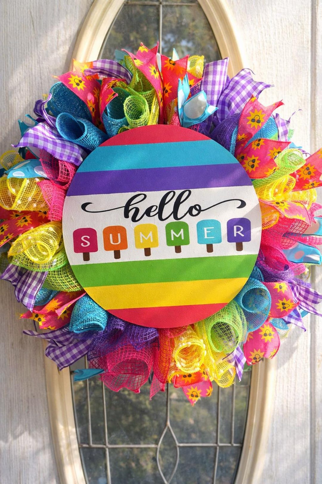 Summer Wreath for Front Door, Hello Summer Rainbow Mesh Wreath ...