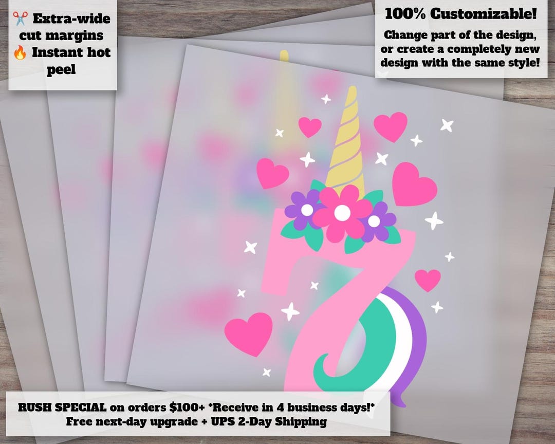 Unicorn 7th Birthday, Number Seven Unicorn Design, Ready-to-press Heat ...