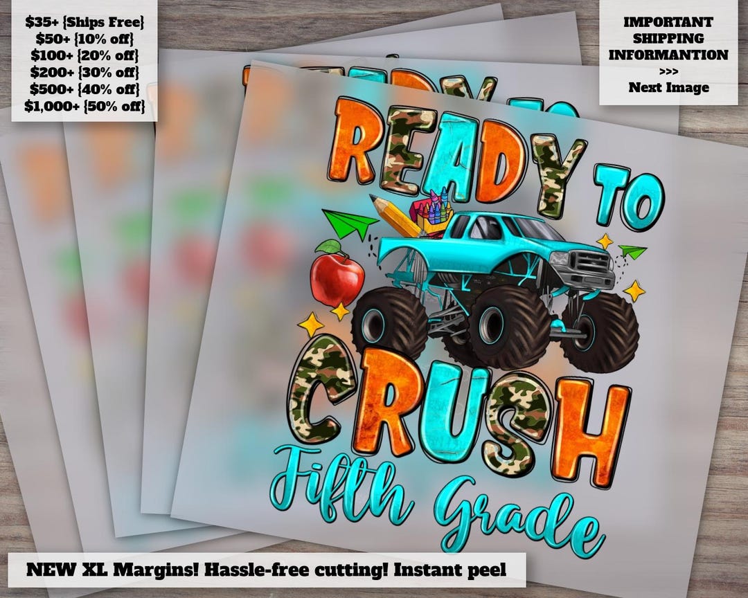 Back to School Monster Truck Heat Transfer Design, 5th Grade Ready to ...