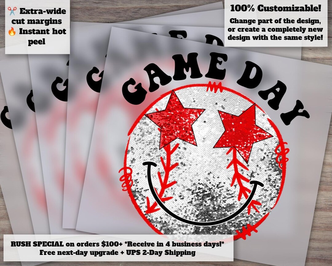Heat-ready Smiley Face Sequin Baseball Game Day, Faux DTF Press ...