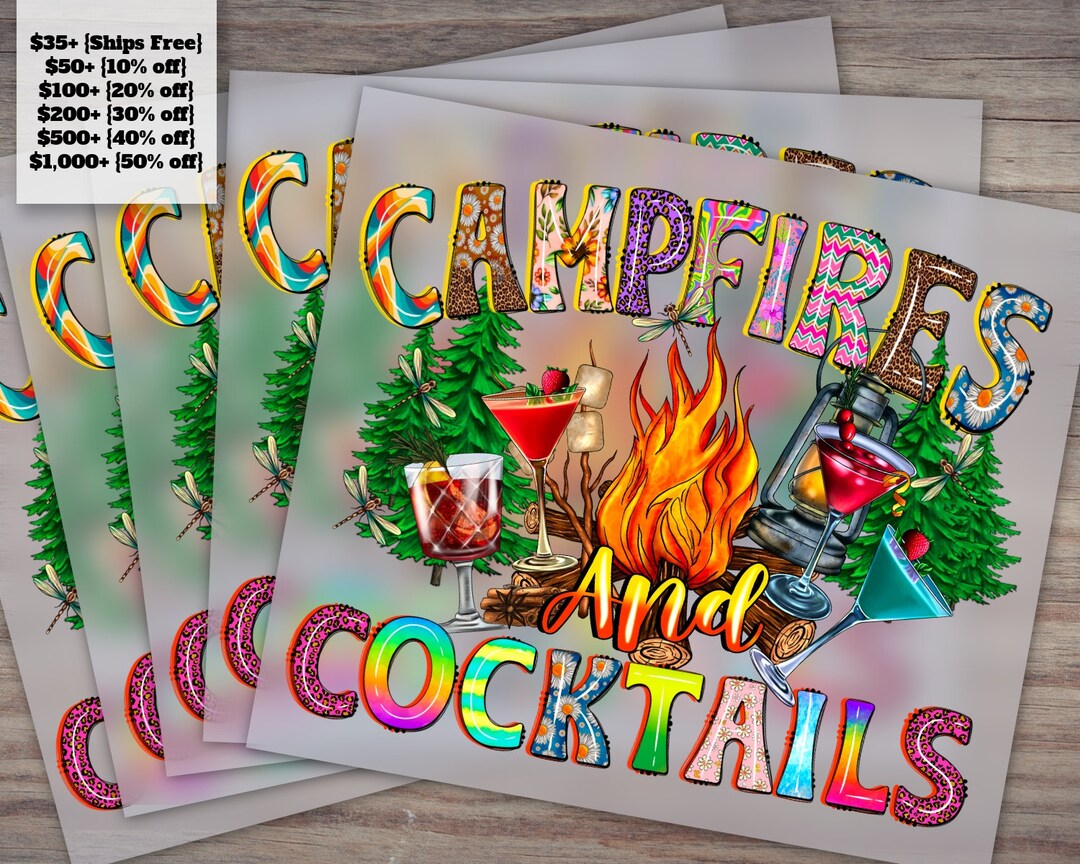 Campfire and Cocktails Camp Life Design, Ready to Press Heat Transfer ...