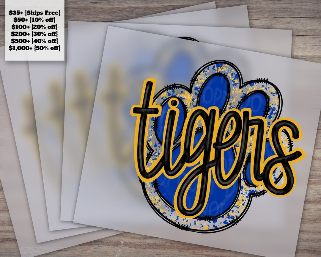 Hand Drawn Tigers Design for Football and Paw Print Blue Gold DTF Ready ...