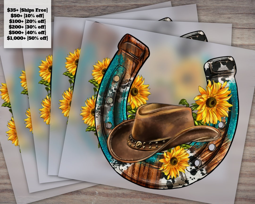 Western Cowboy Hat Horseshoe Design With Sunflower Heat Transfer Ready ...