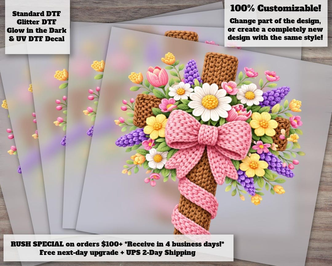 Faux Yarn Easter Floral Cross Heat Transfer Knitted Texture DTF Ready ...