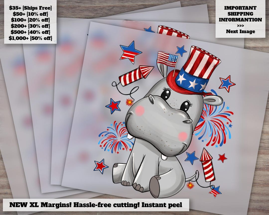 USA Fourth of July Cute Hippo Design - Ready to Press, Heat Transfer ...