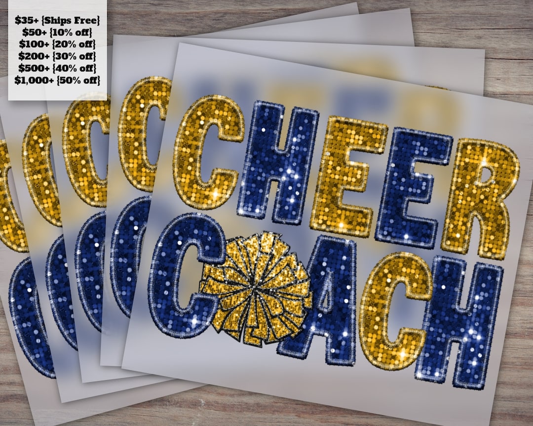 Blue and Gold Glitter Cheerleading Coach Design Faux Embroidery Ready ...