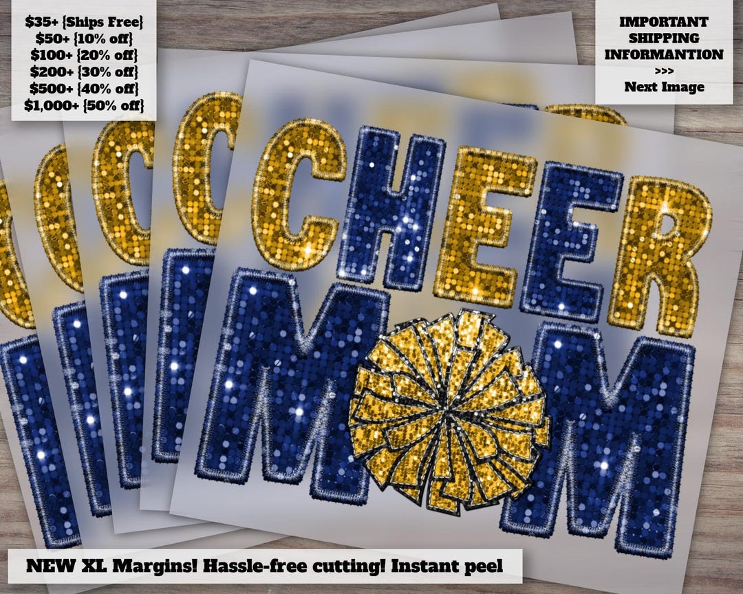 Blue and Gold Cheer Mom Faux Glitter Heat Transfer | Cheerleading Faux ...