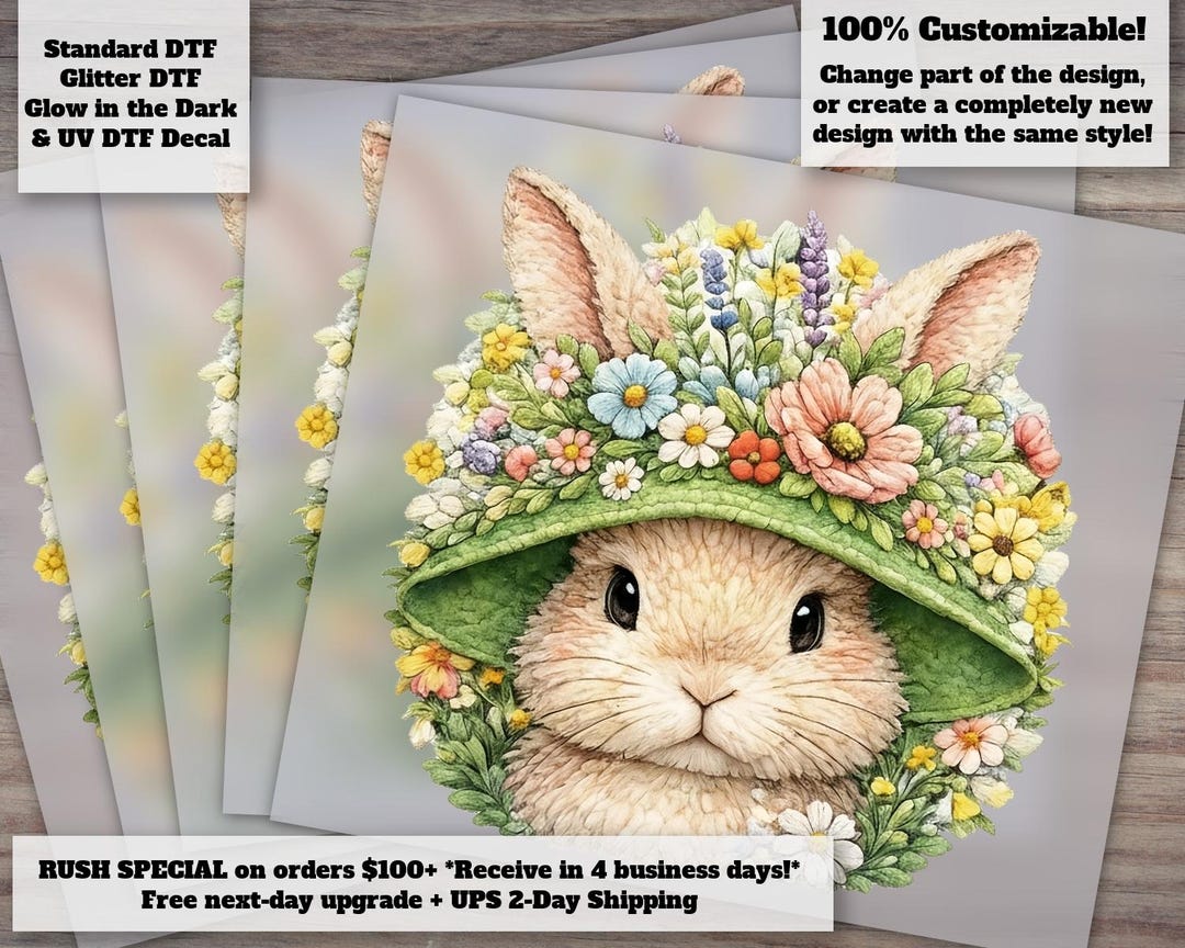 Floral Easter Bunny Heat Transfer With Pastel Flower Hat Faux Yarn - Etsy