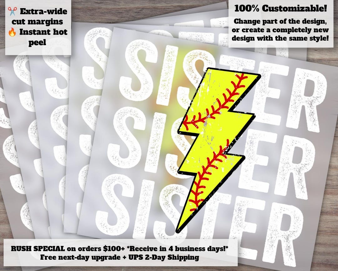 Softball Sister Iron-on Distressed Lighting Bolt Design - Ready to ...