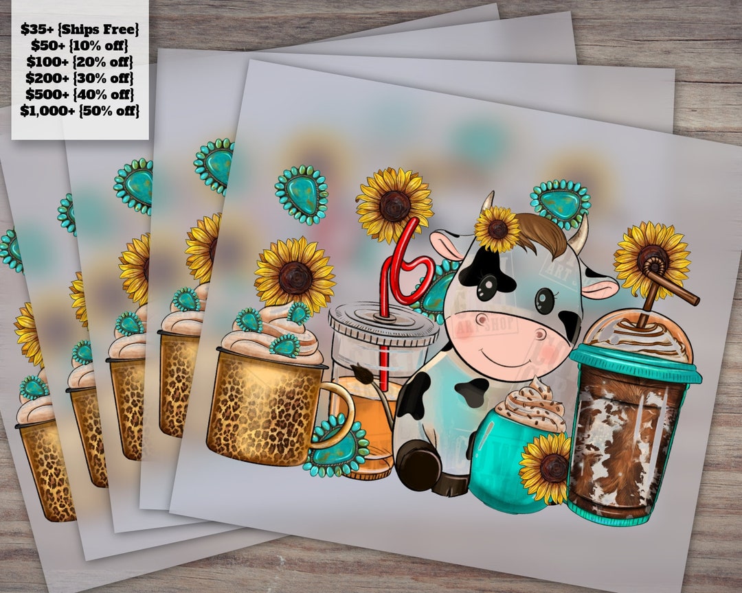 Western Cow Design Coffee Cups, Ready to Press Heat Transfer DTF ...