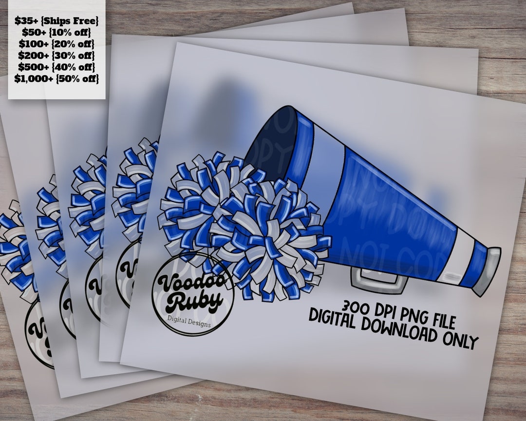Hand Drawn Cheer Team Design in Blue and White Megaphone Cheerleader ...