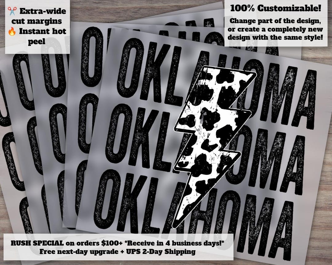 Oklahoma Stacked Distressed Cow Print Bolt State Design - Ready to ...