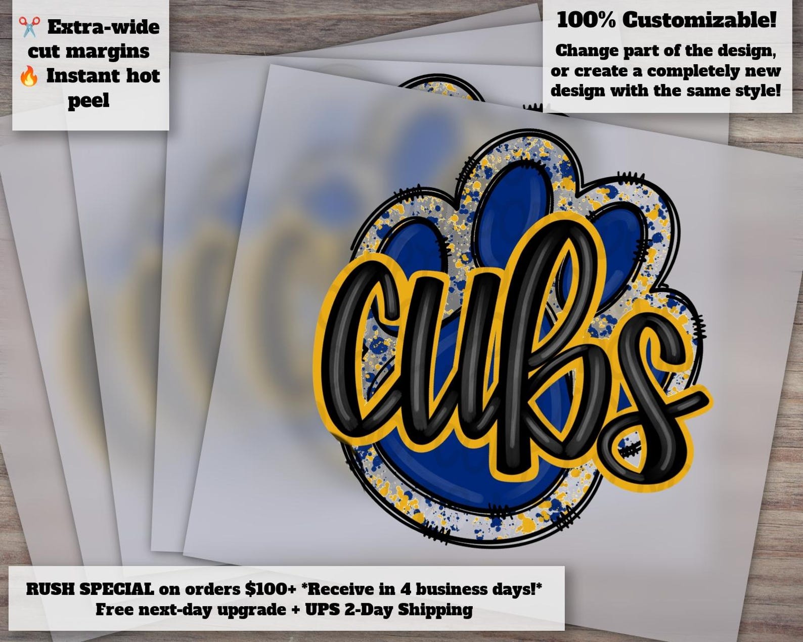 Cubs Design Sublimation Hand Drawn Football Art Blue Gold Cubs Paw ...