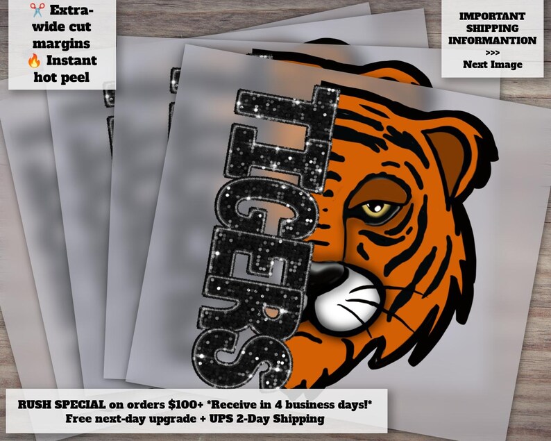 Tigers Mascot Faux Glitter Heat Transfer | School Spirit DTF Ready to ...