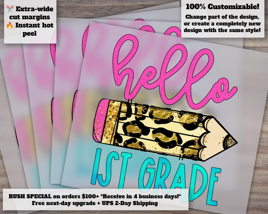 Hello 1st Grade Leopard Print Design for Back to School, DTG, Heat ...