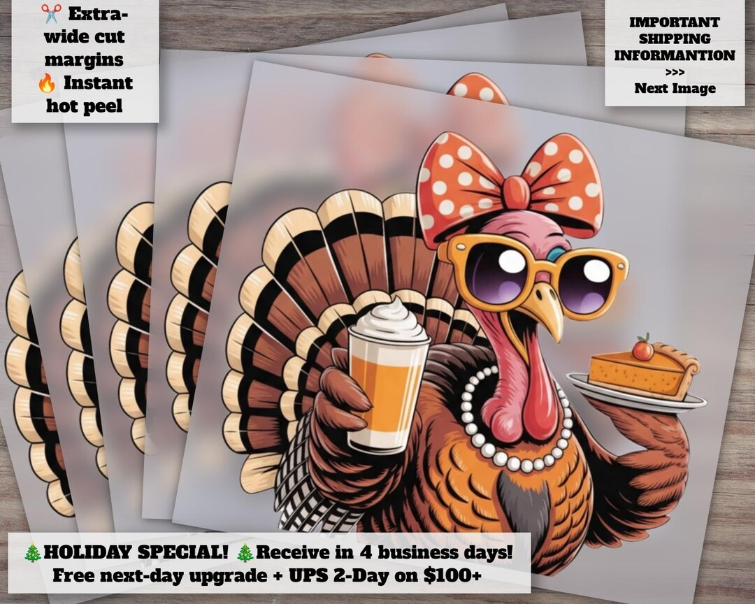 Funny Glam Turkey Thanksgiving DTF Transfer With Latte and Pie Fall ...