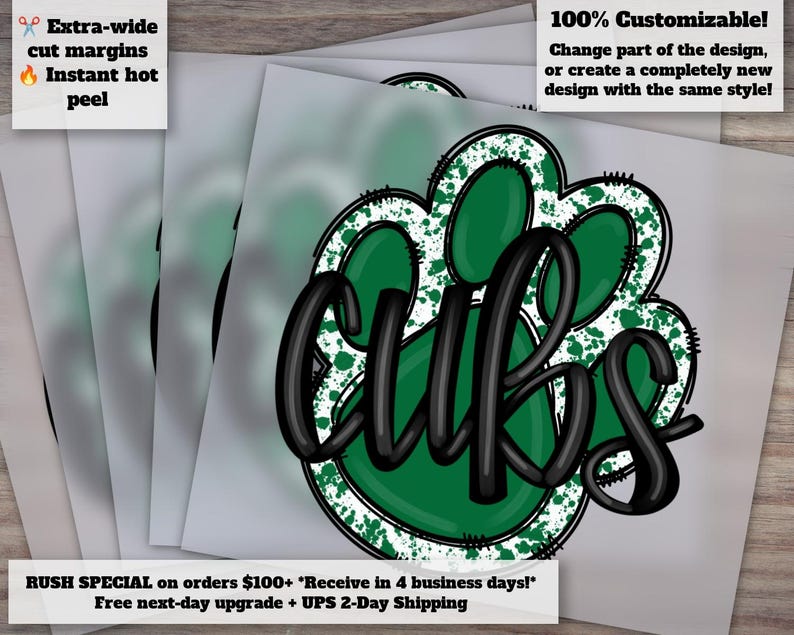 Cubs Hand Drawn Football Mascot Green Paw Print - Ready to Press Heat ...