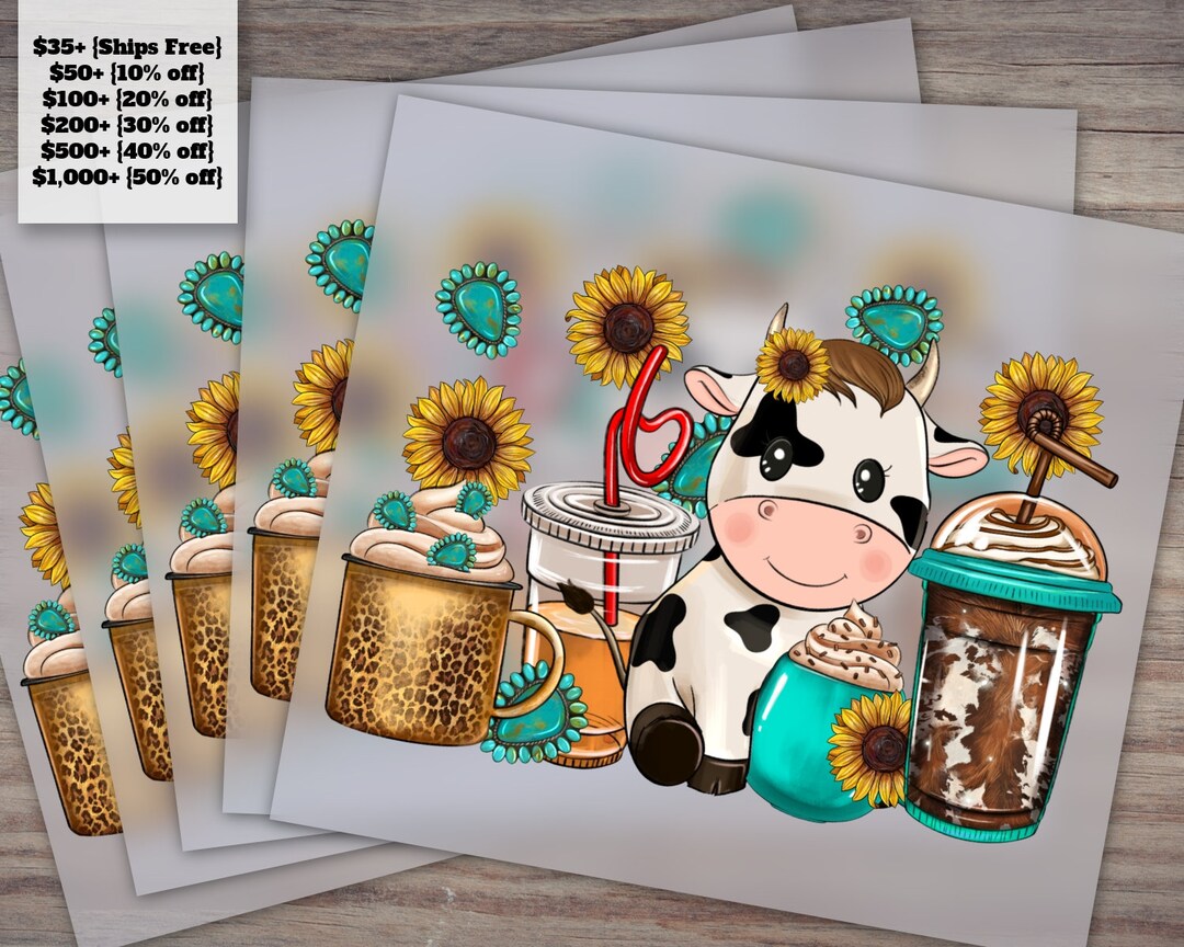 Western Cow Design Coffee Cups, Ready to Press Heat Transfer DTF ...
