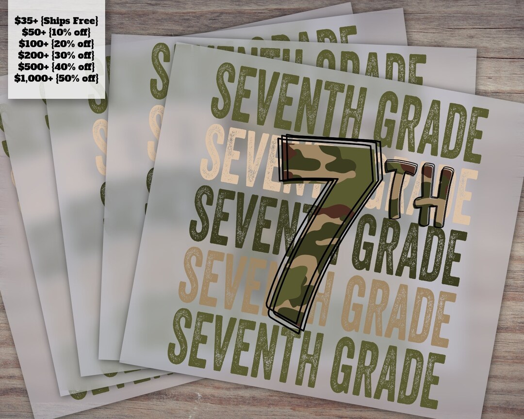 7th Grade Camo Back to School Design, Ready to Press Heat Transfer, DTF ...