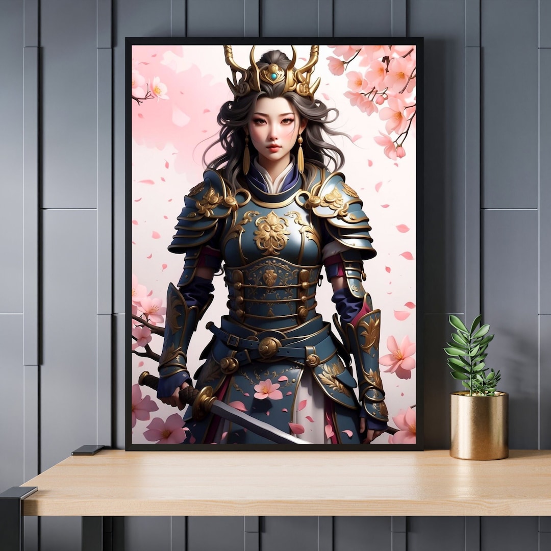 Cherry Blossom Warrior Digital Art: Majestic Female Samurai Amidst ...