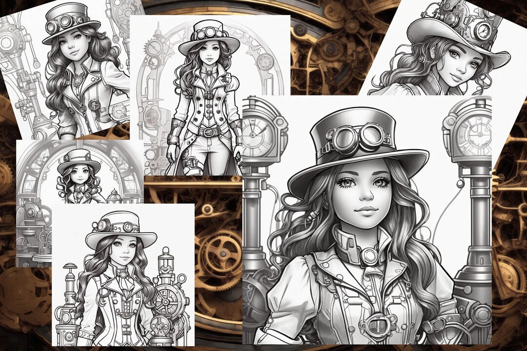 112 Steampunk Coloring Pages Instant Download, Grayscale Artwork ...