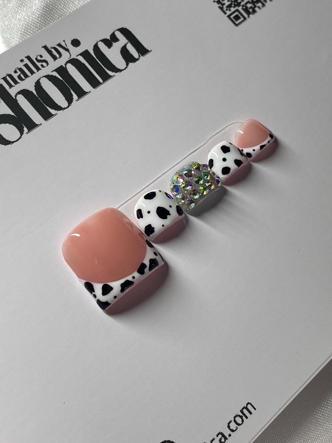 Black Cow Print Press on Toenails With Rhinestones | Animal Print Fake ...