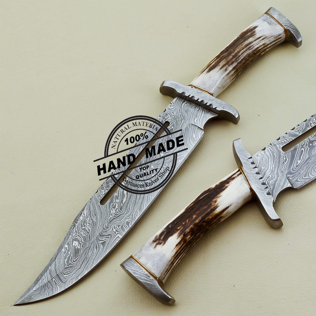 Damascus Rambo Bowie Knife Custom Handmade Damascus Steel - Etsy