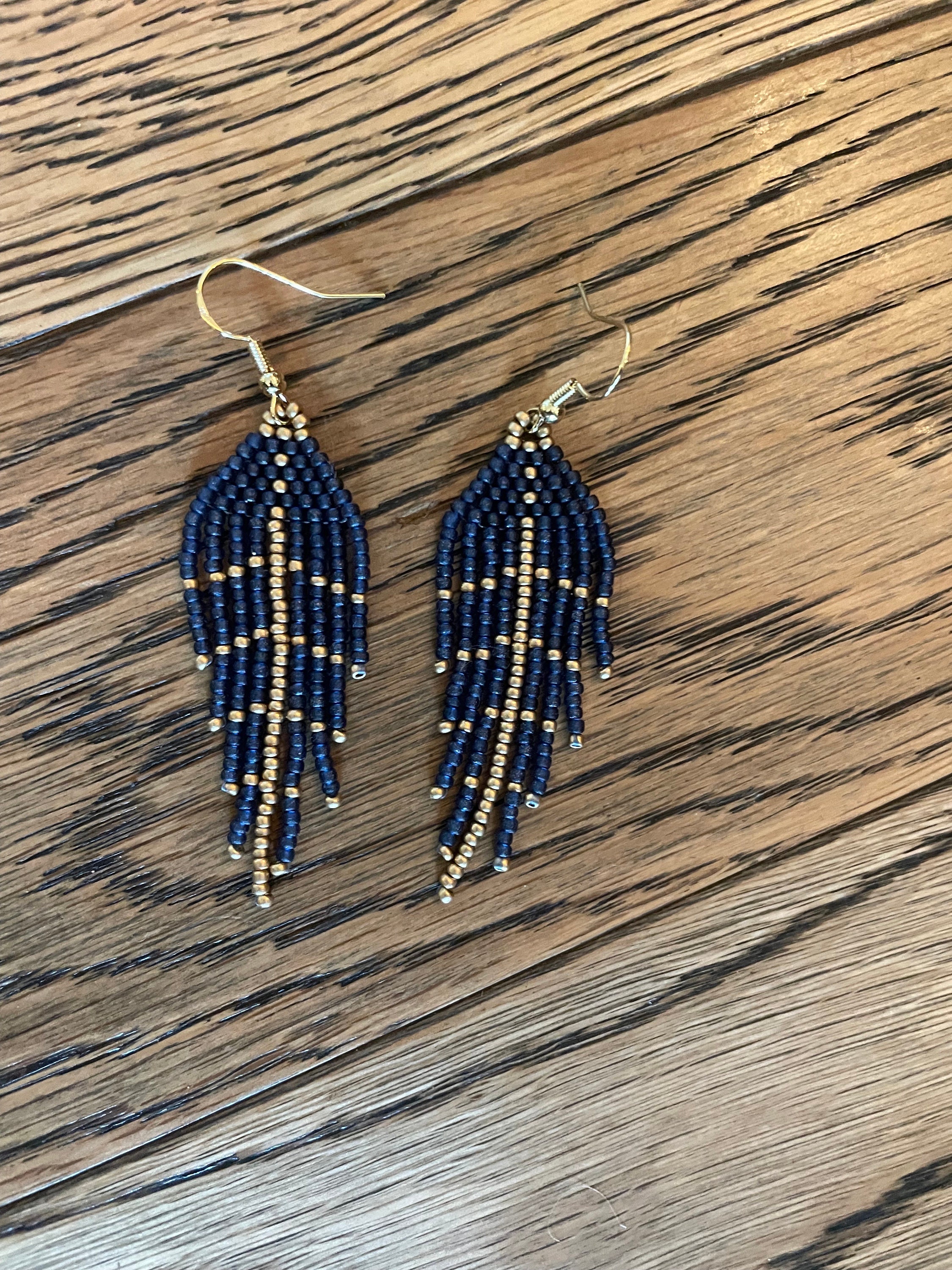 Navy and Gold Feather Seed Bead Earrings - Etsy