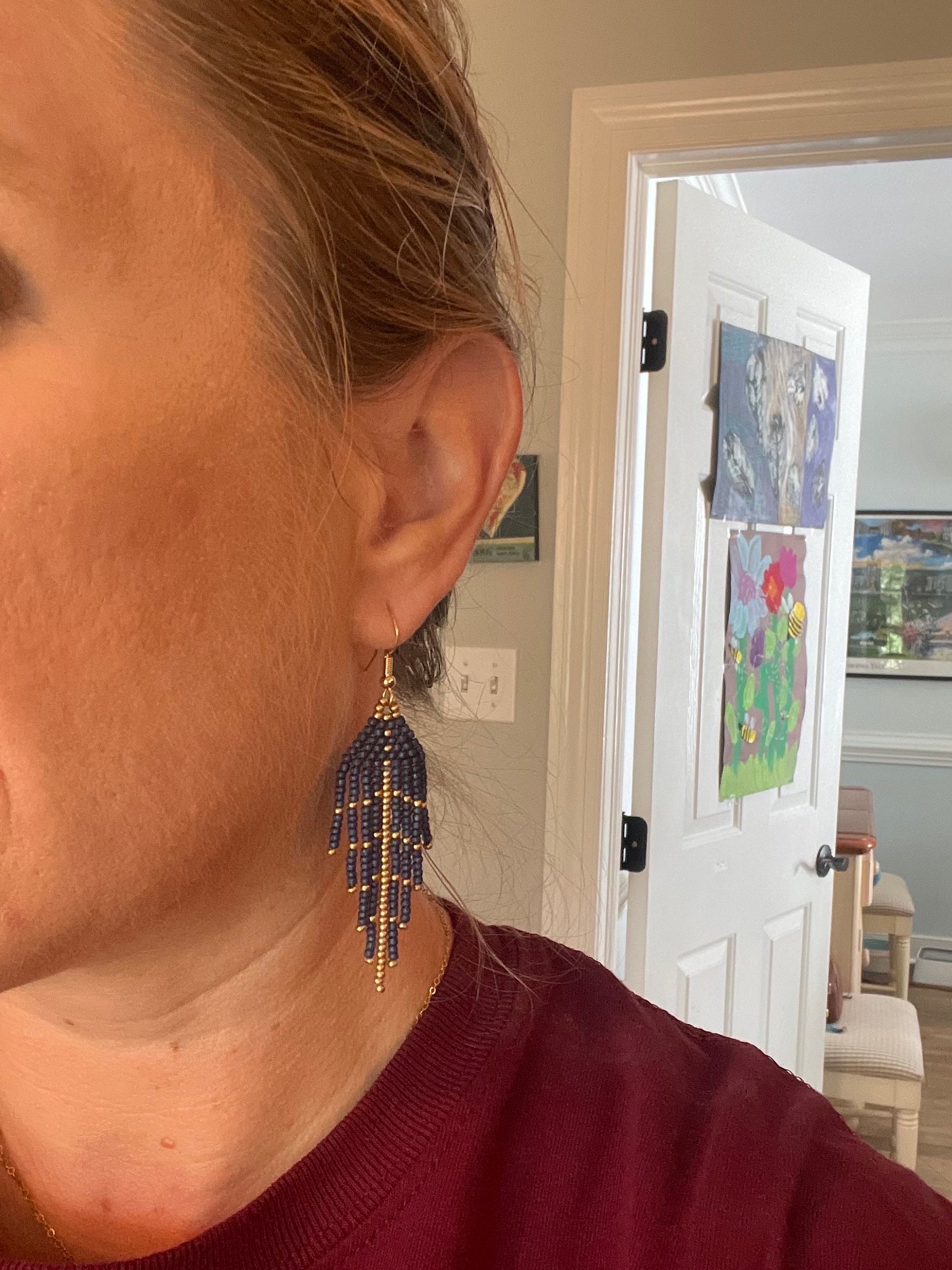 Navy and Gold Feather Seed Bead Earrings - Etsy