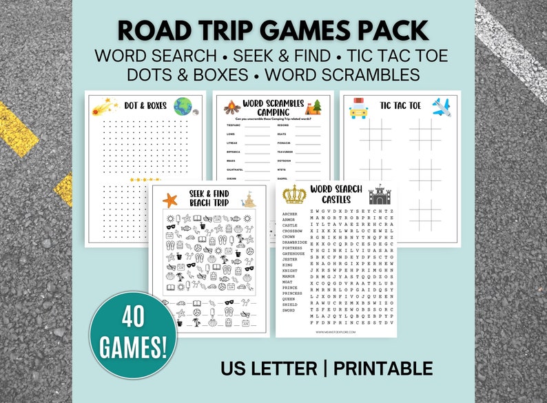 Printable Road Trip Games Mega Pack, 40 Games for Kids With Solutions ...