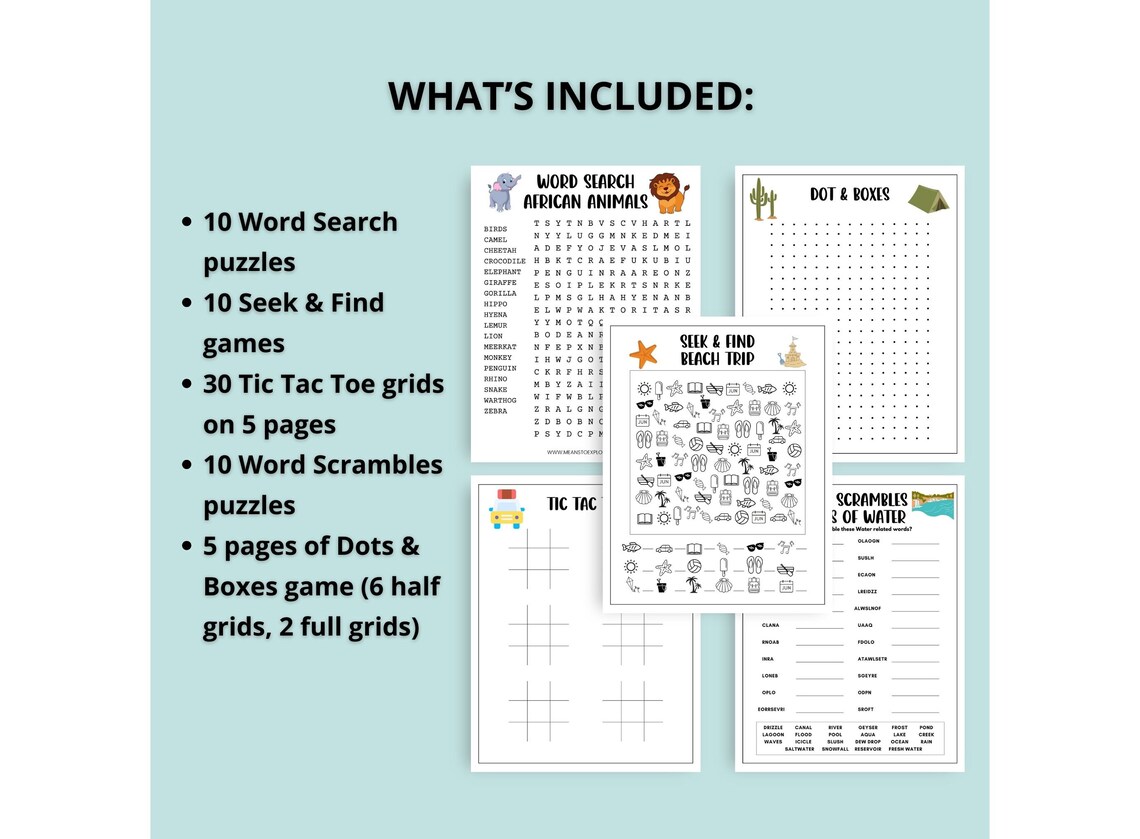 Printable Road Trip Games Mega Pack, 40 Games for Kids With Solutions ...