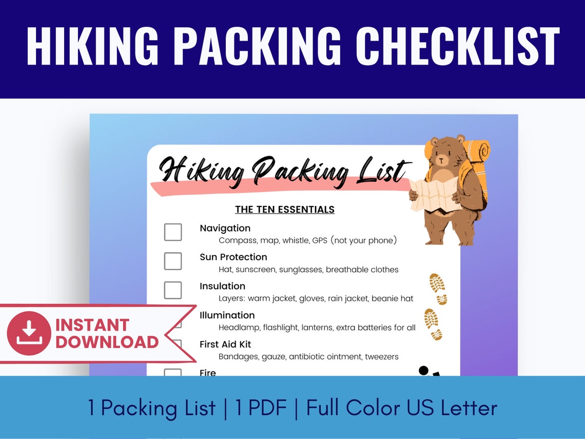 Hiking Packing List PDF, Printable Hiking Trip Packing Checklist ...