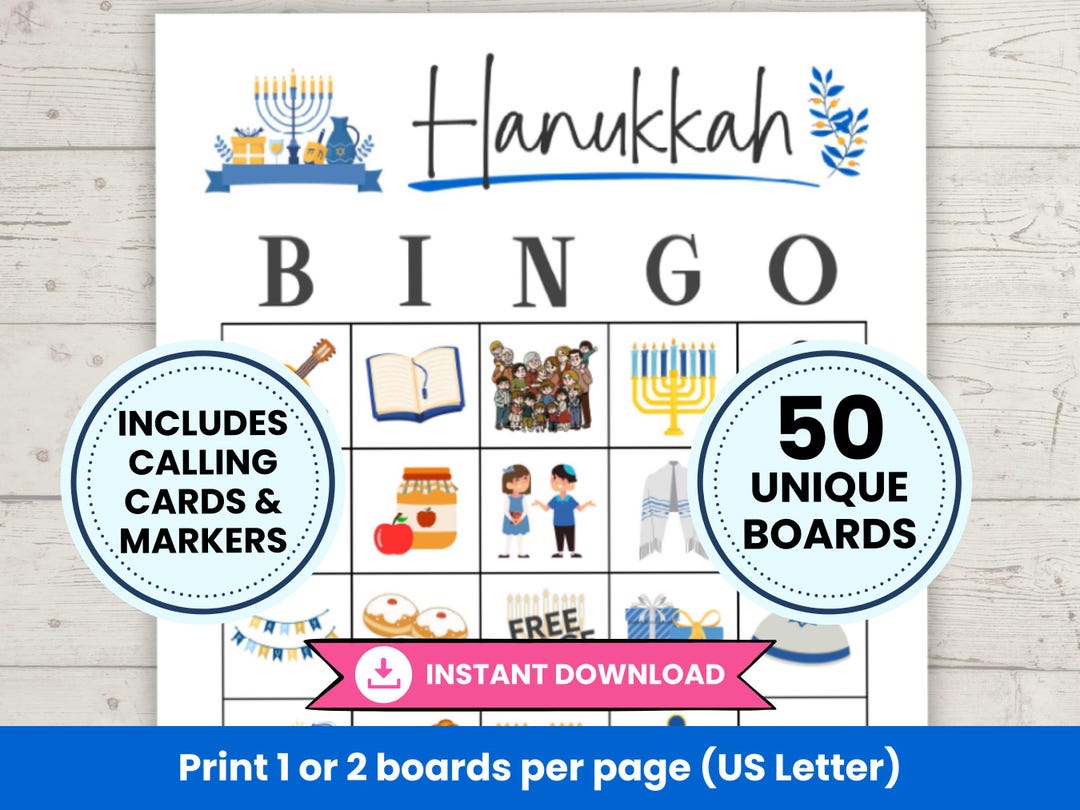 Hanukkah Bingo for Kids, Printable Hanukkah Family Games, 50 Unique ...
