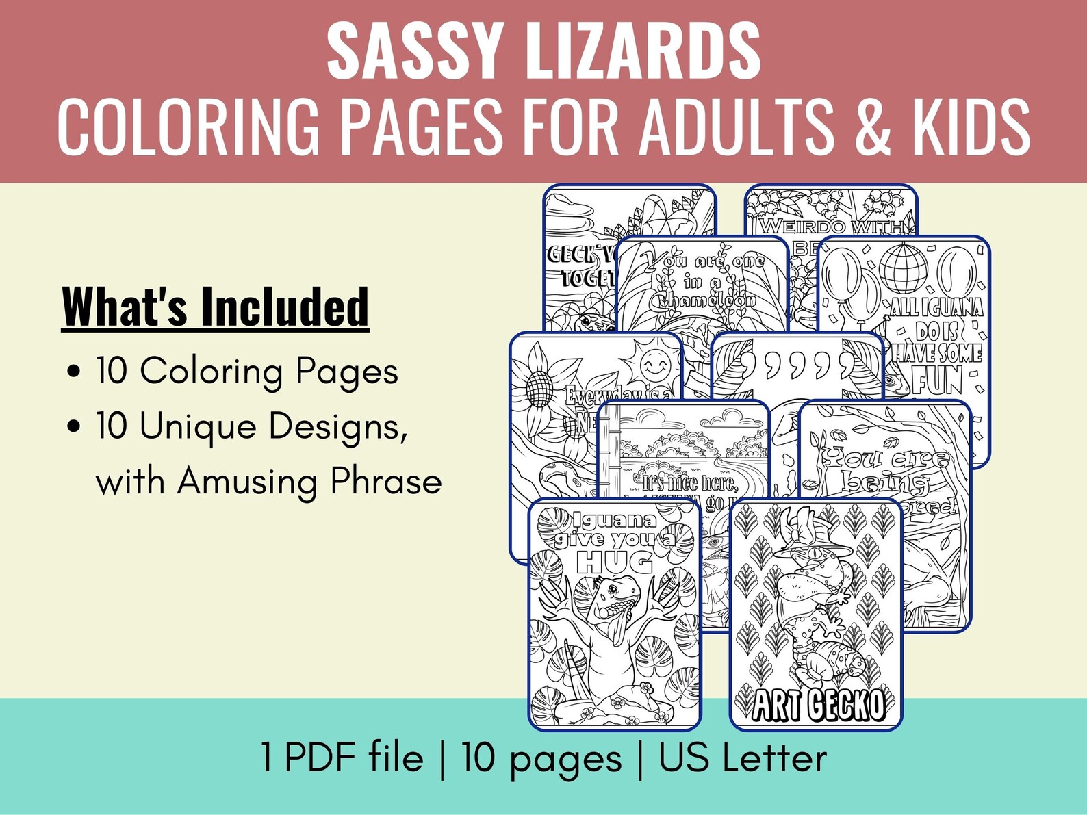 Sassy Lizards Adult Coloring Pages Printable Funny Adult - Etsy